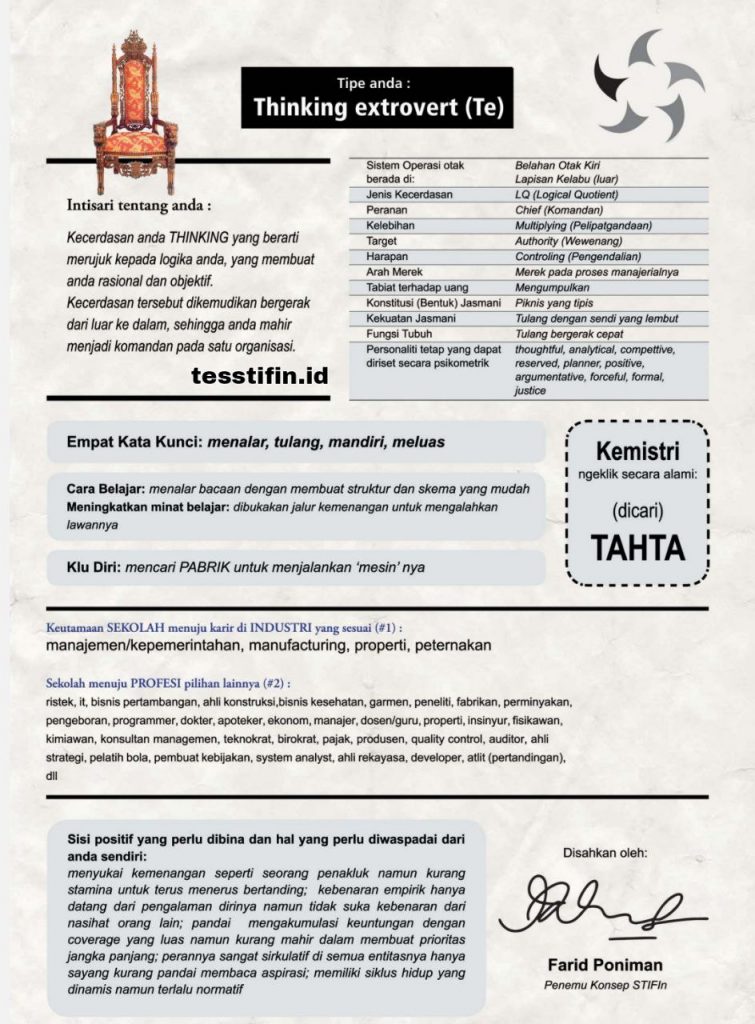 Sertifikat Tes STIFIn Thinking extrovert - Te - STIFIn Net